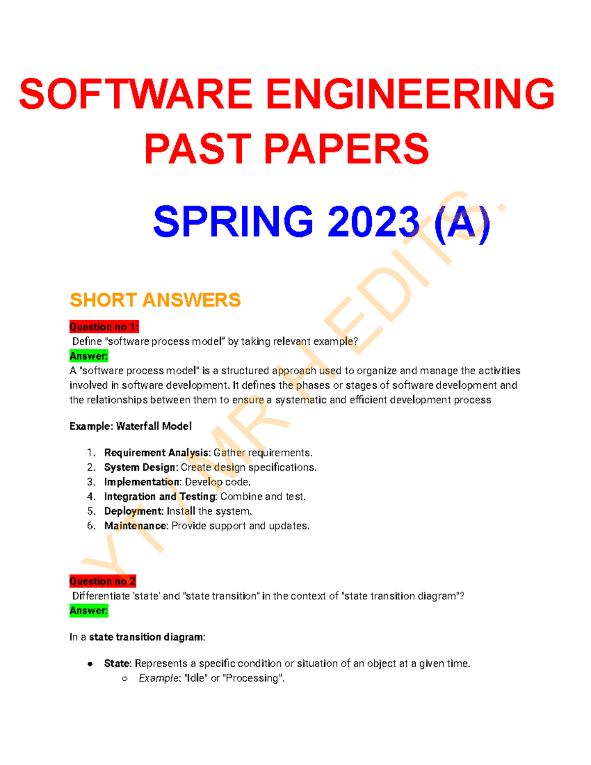 SOFTWARE ENGINEERING PAST PAPERS ED IT S. SPRING 2023 (A) SHORT ANSWERS ...