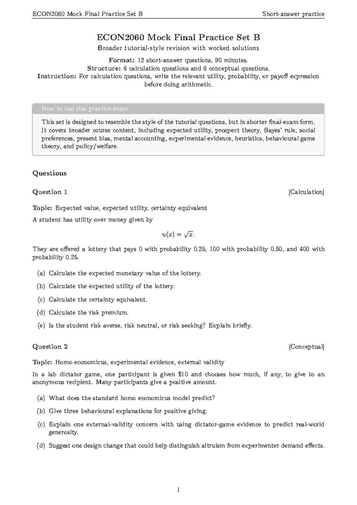ECON2060 Mock Final Exam Practice Set B with Solutions - Studocu