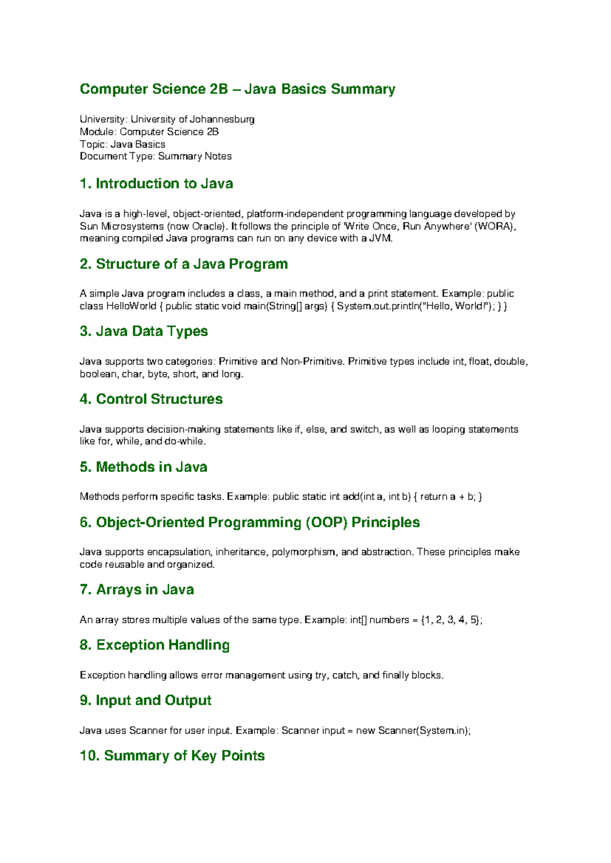 CS 2B: Java Basics Summary Notes for University of Johannesburg - Studocu