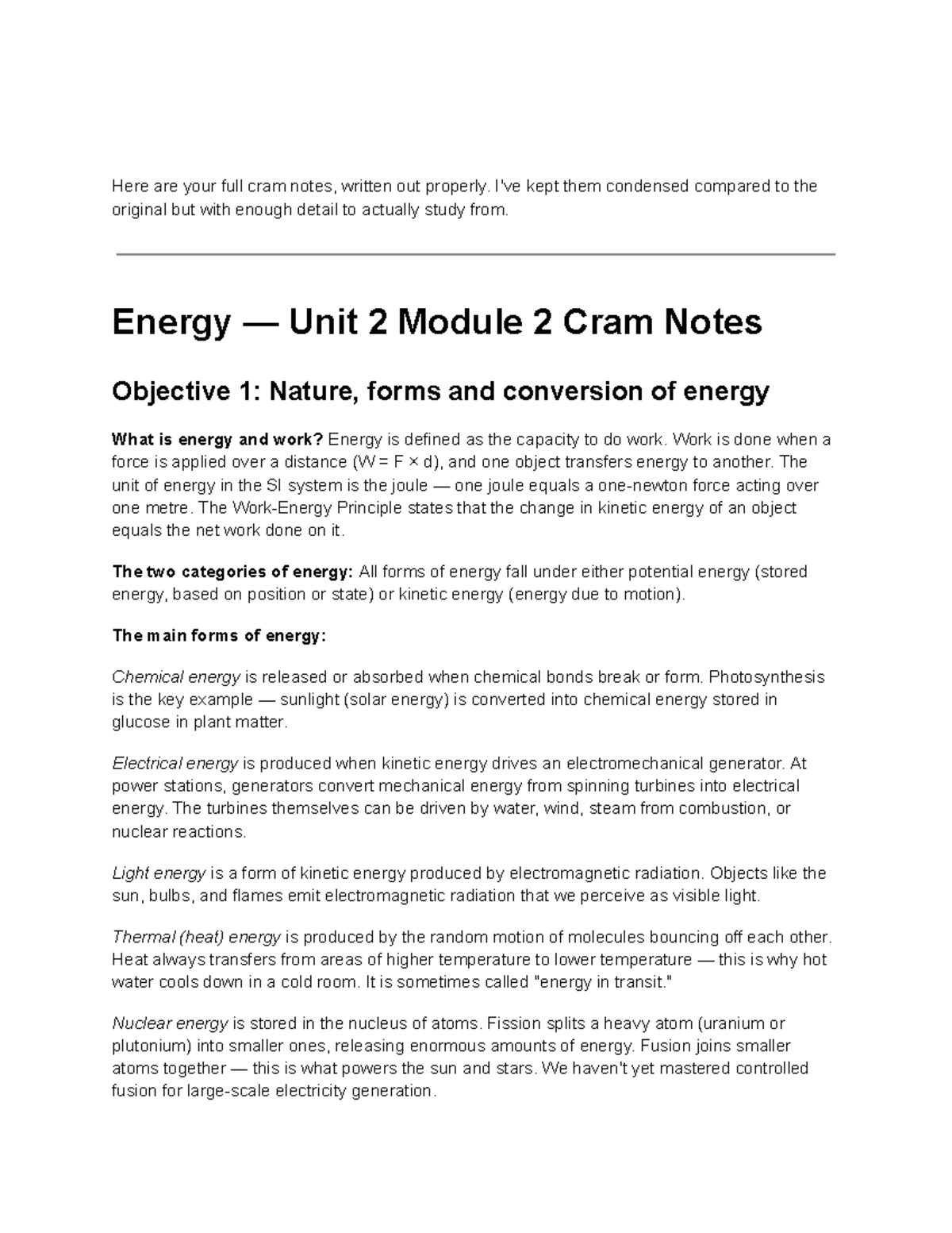 Energy Unit 2 Module 2: Cram Notes for Environmental Science - Studocu
