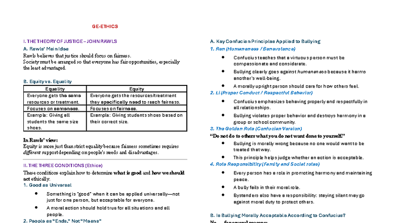 GE Ethics - Final Exam Study Guide on Justice and Bullying - Studocu
