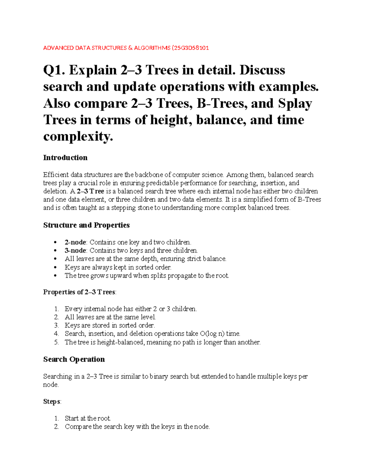 Advanced Data Structures & Algorithms: Trees & Pattern Matching (25G3D58101) - Studocu