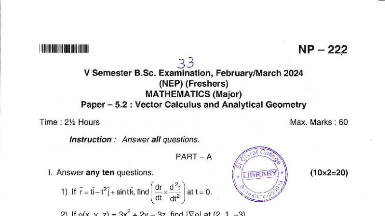 3352 B.Sc. Final Exam: Vector Calculus & Analytical Geometry - Studocu