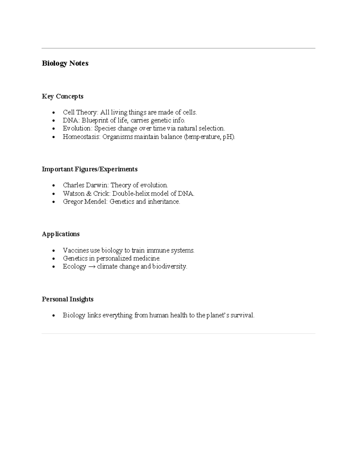 Biology Notes - Biology Notes Key Concepts • Cell Theory: All living ...