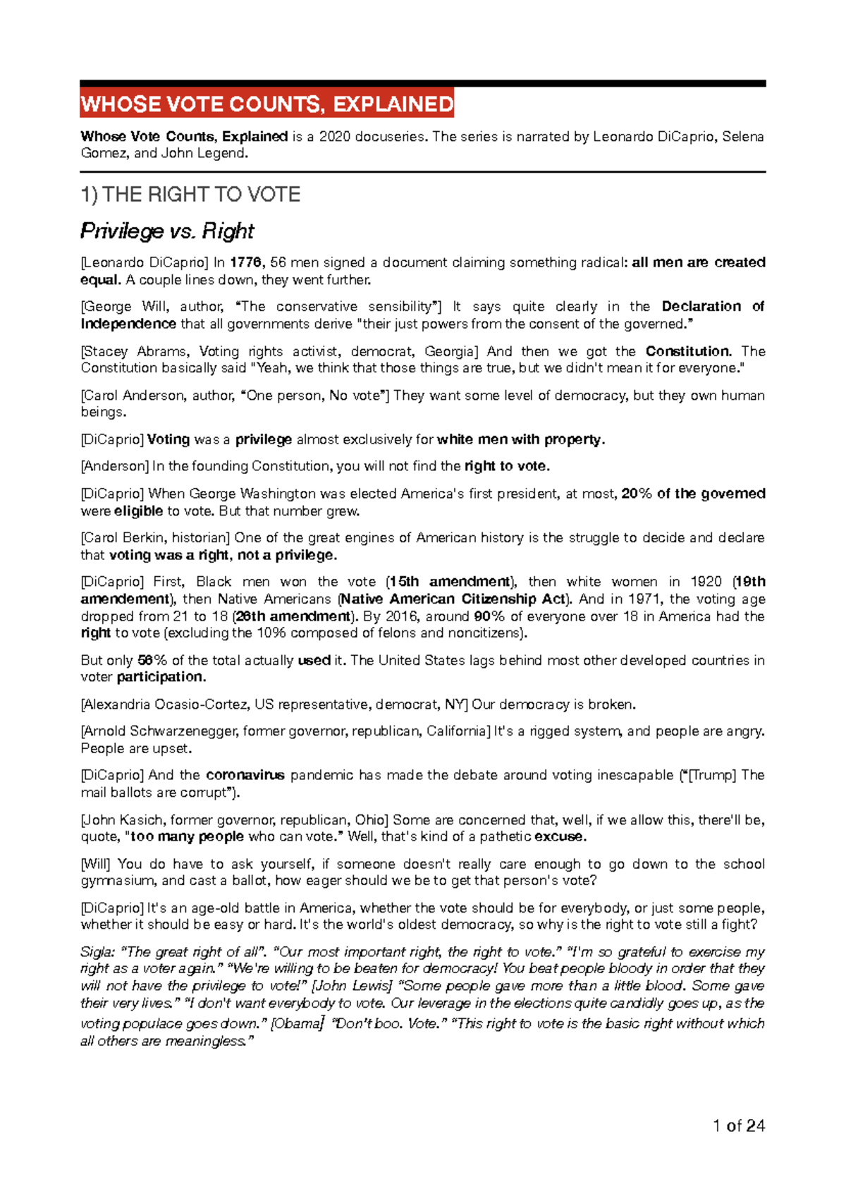 "Quiz Notes for SOC 101: Exploring Voting Rights in 'Whose Vote Counts ...