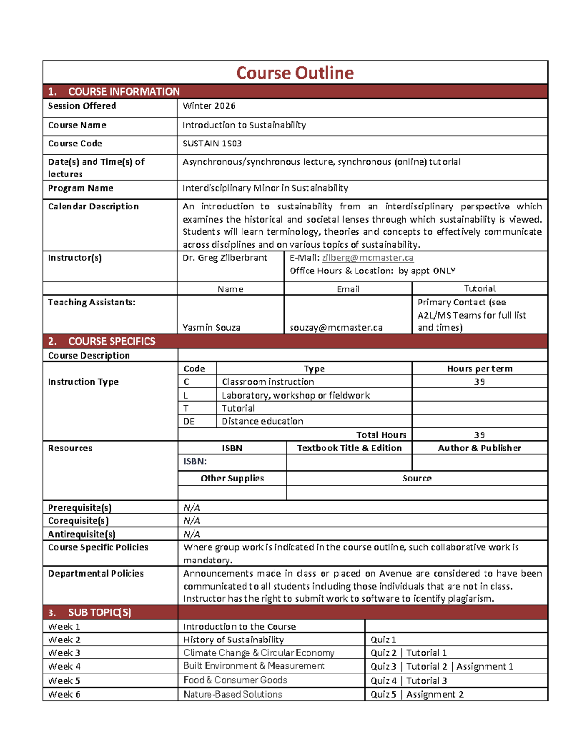 SUSTAIN 1S03 W2026 - Introduction to Sustainability Course Outline ...