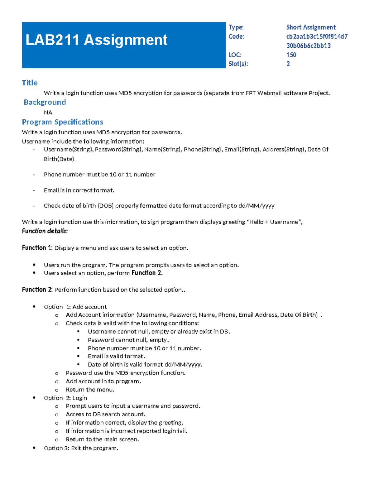 LAB211 Short Assignment: MD5 Login Function Implementation Guide - Studocu