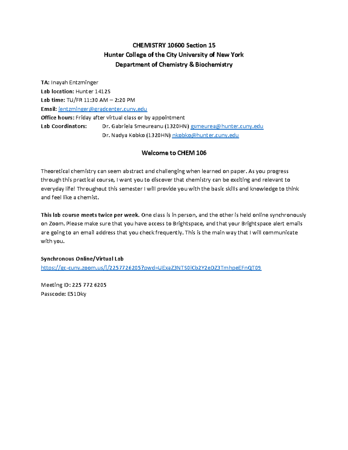 CHEM 10600 Lab Syllabus: Practical Chemistry at Hunter College - Studocu