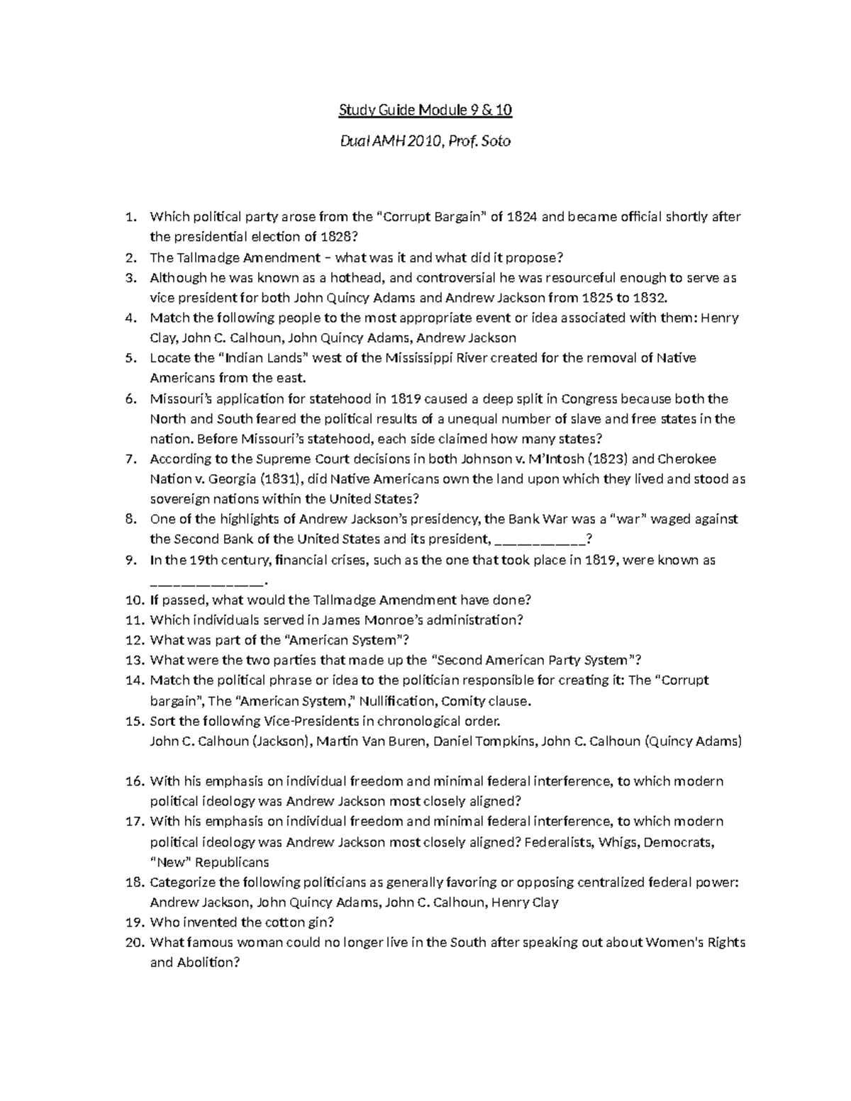 Module 10 & 11 Study Guide: Key Events & Figures in Early U.S. Politics ...