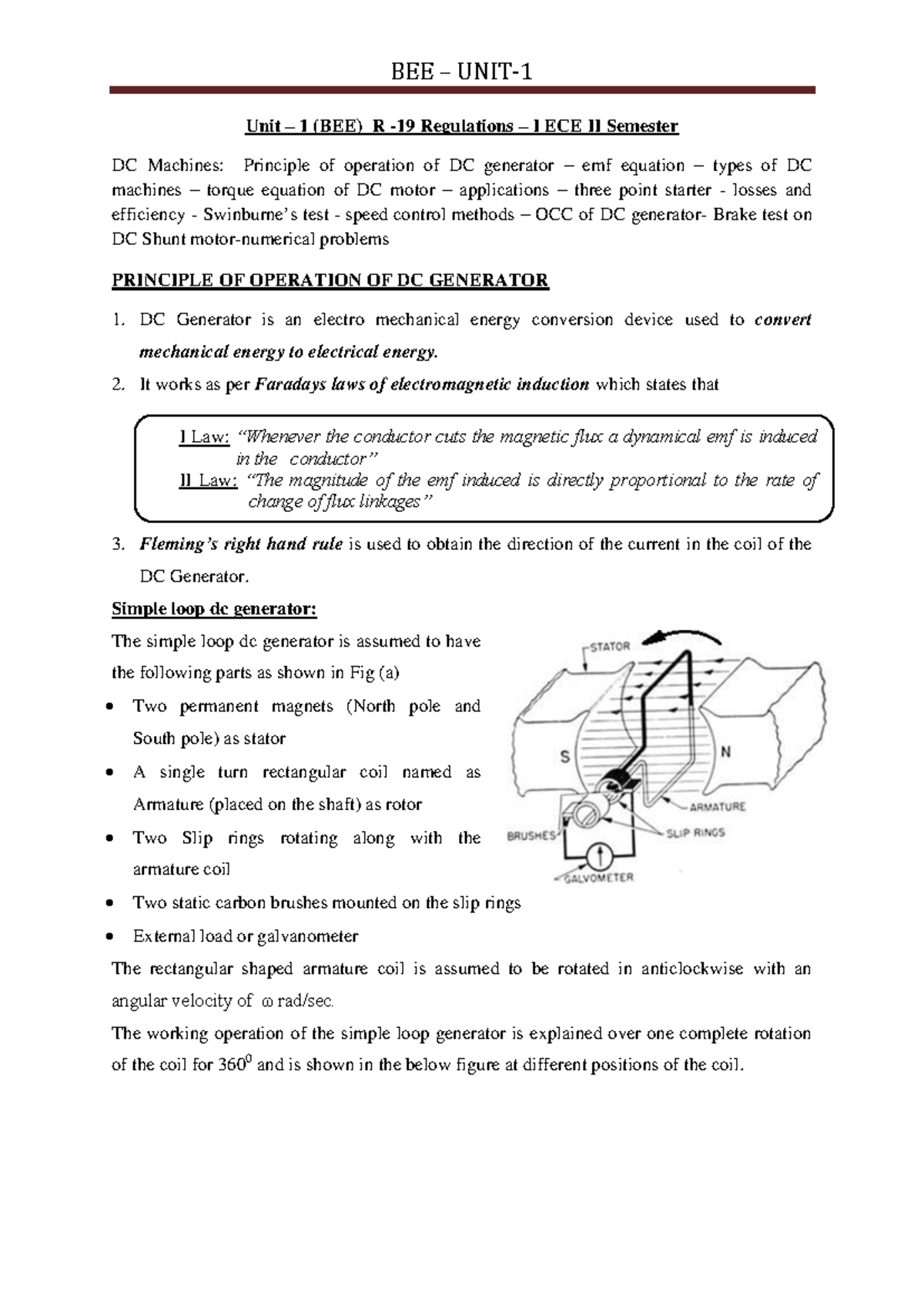 PRINCIPLE OF OPERATION OF DC GENERATOR 1 - Unit – 1 (BEE) R -19 ...