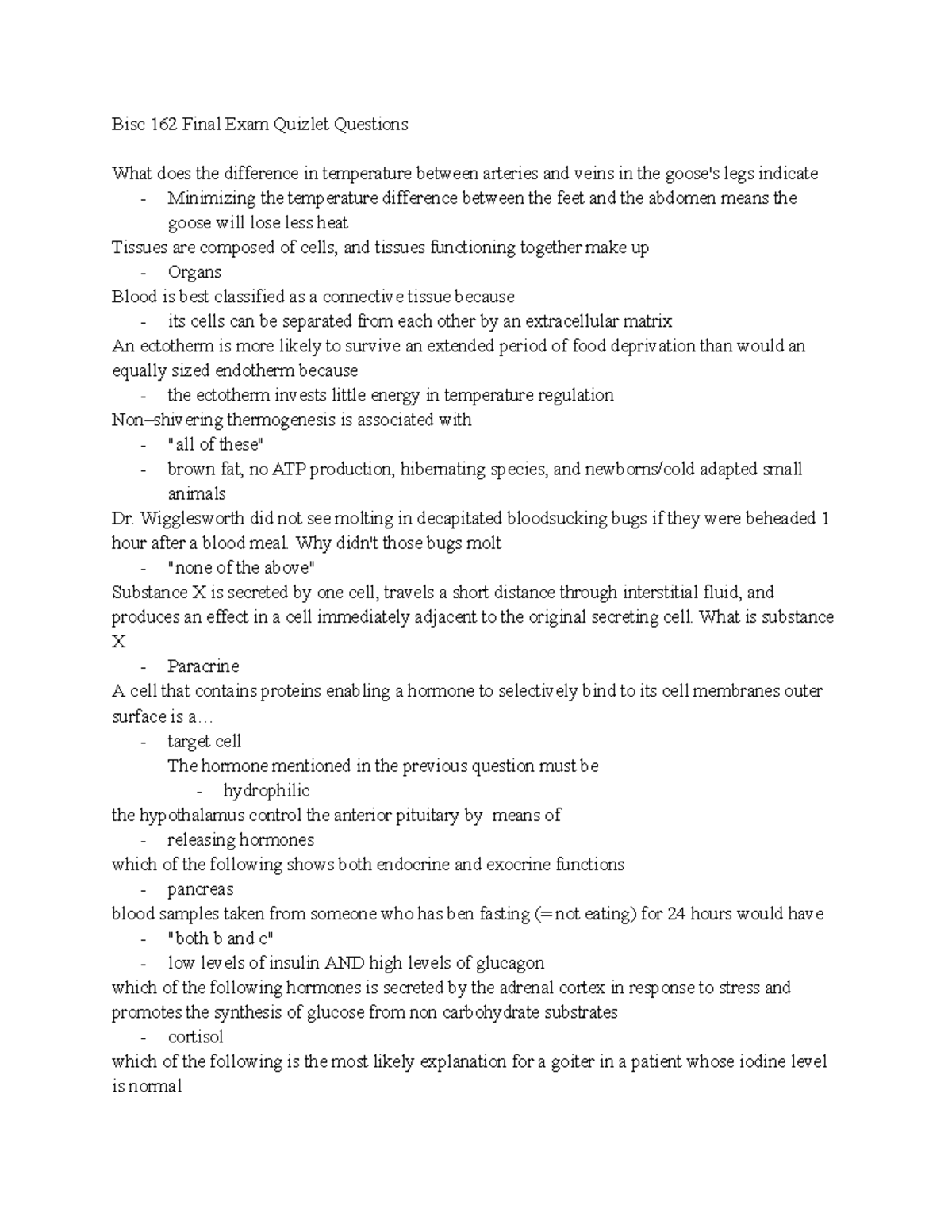 Bisc 162 Final Exam Quizlet Questions - Bisc 162 Final Exam Quizlet ...