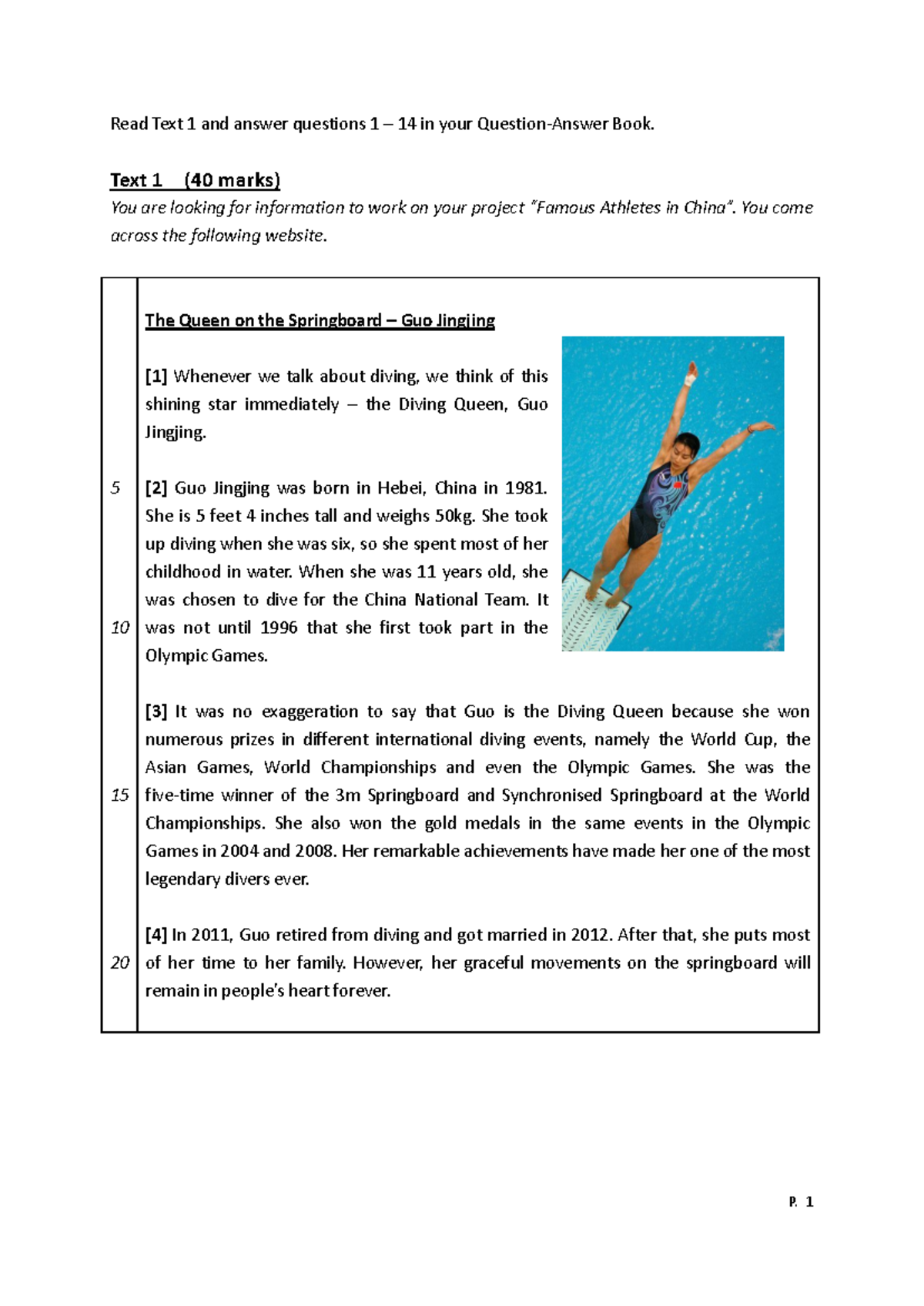 S1 English Reading - Tutorial Exercise on Famous Athletes in China ...