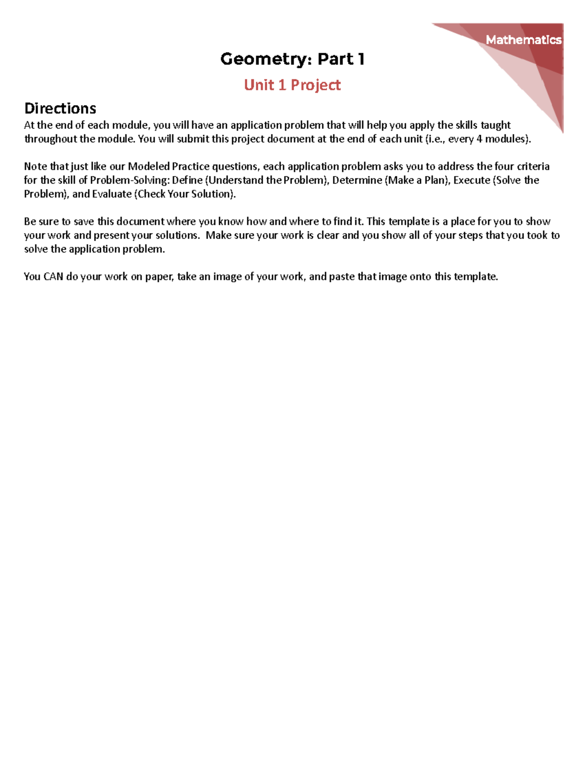 Unit 1 Application Problems for GEOM-041: Building Concepts ...