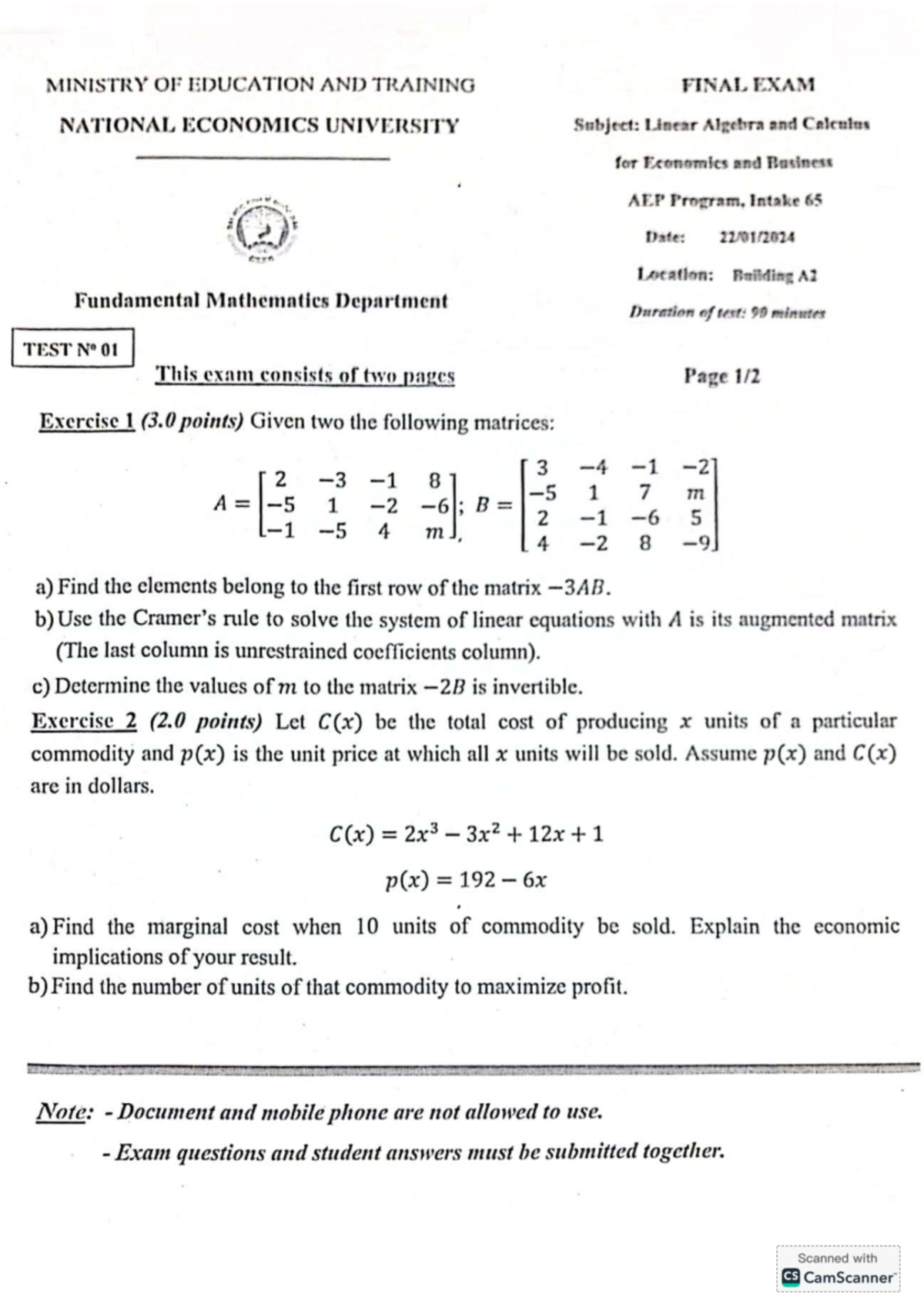 AEP 65 Final Exam: Linear Algebra & Calculus for Economics - Studocu