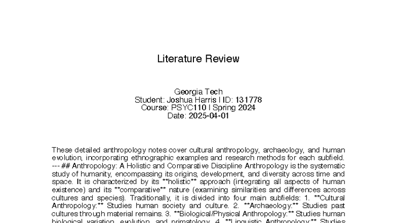 PSYC110 Spring 2024: Literature Review on Anthropology Concepts - Studocu