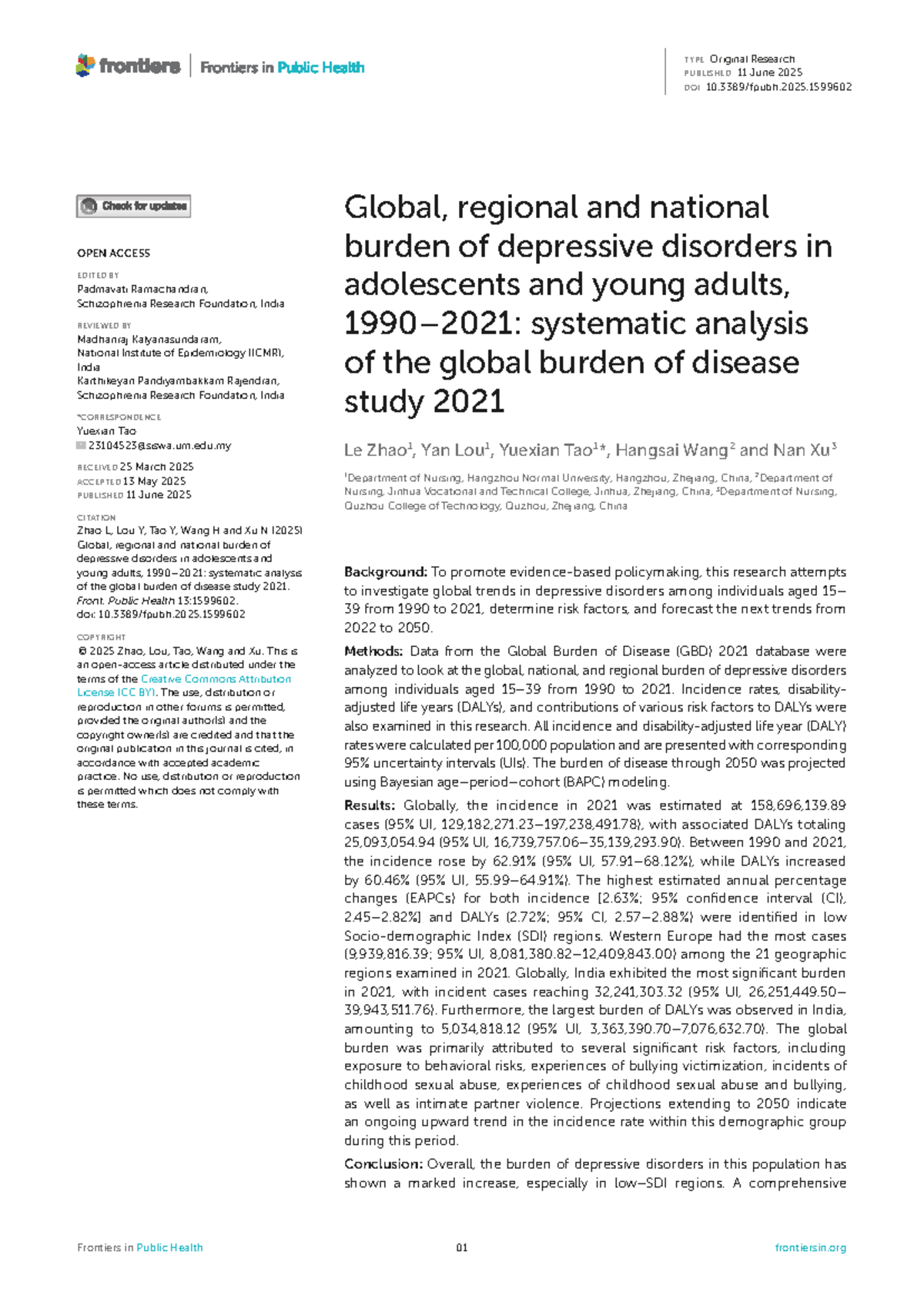 Global Burden of Depressive Disorders in Youth: GBD Study 2021 Analysis ...