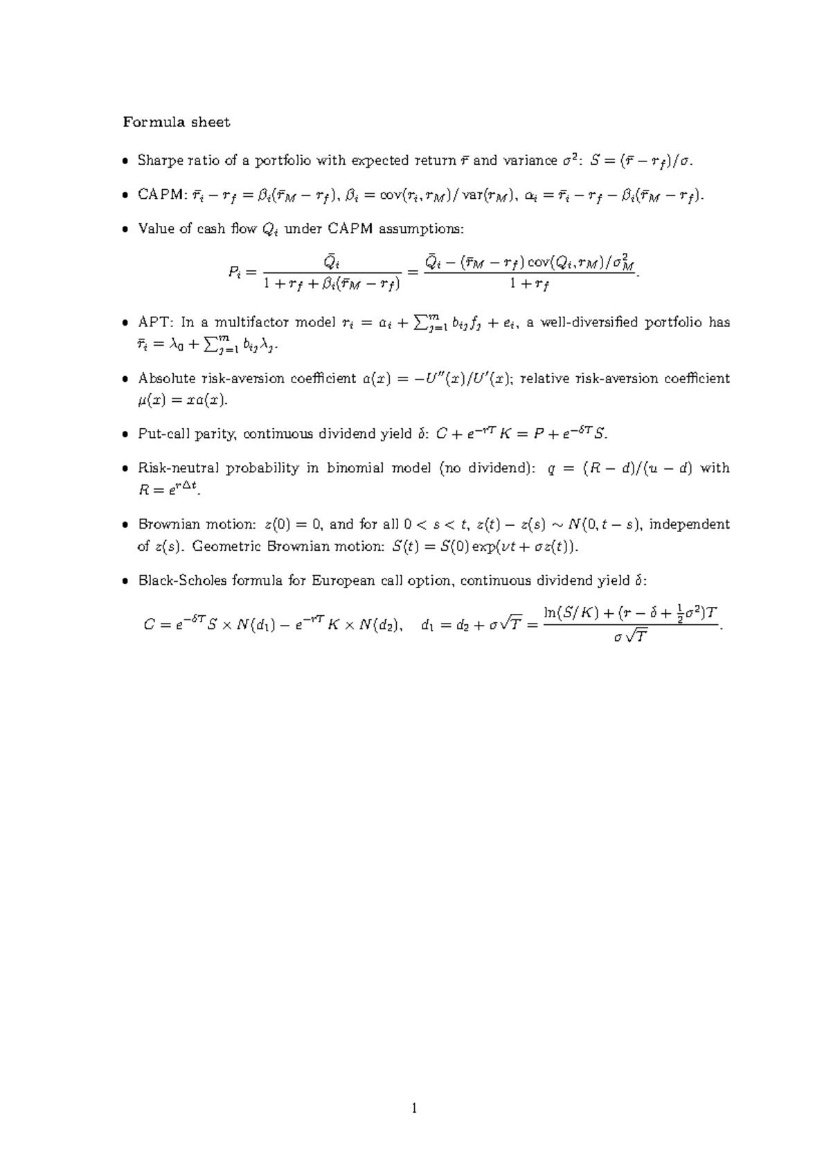 Formula Sheet: Portfolio Sharpe Ratio & CAPM Concepts - Studeersnel