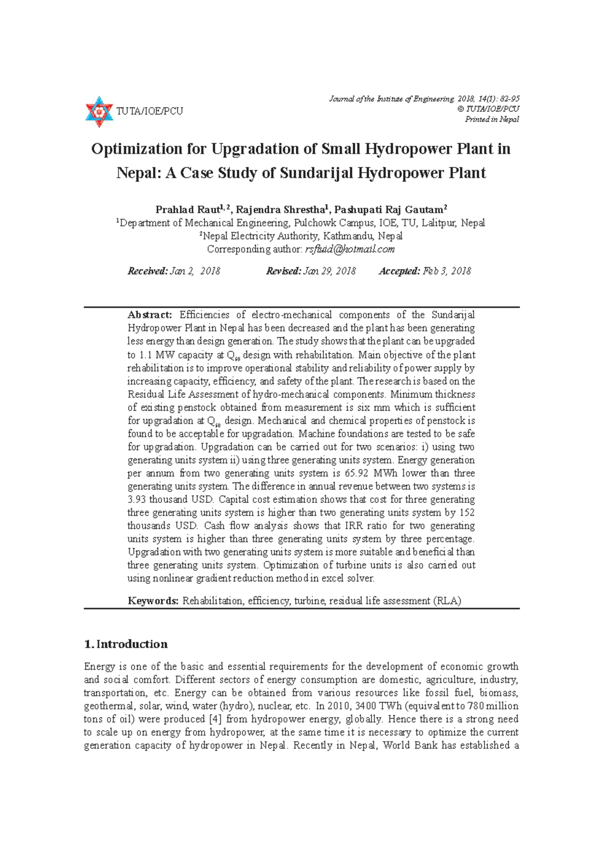 Optimization of Sundarijal Hydropower Plant in Nepal: A Case Study (ME ...