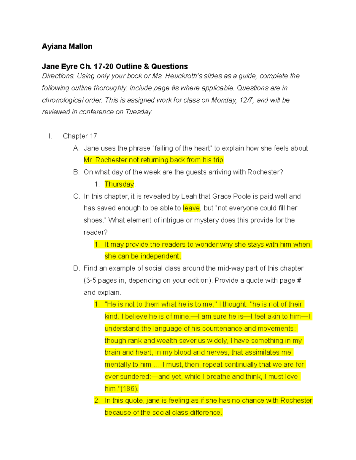 Jane Eyre Ch. 17-20 Classwork Outline & Discussion Questions 12/7 - Studocu