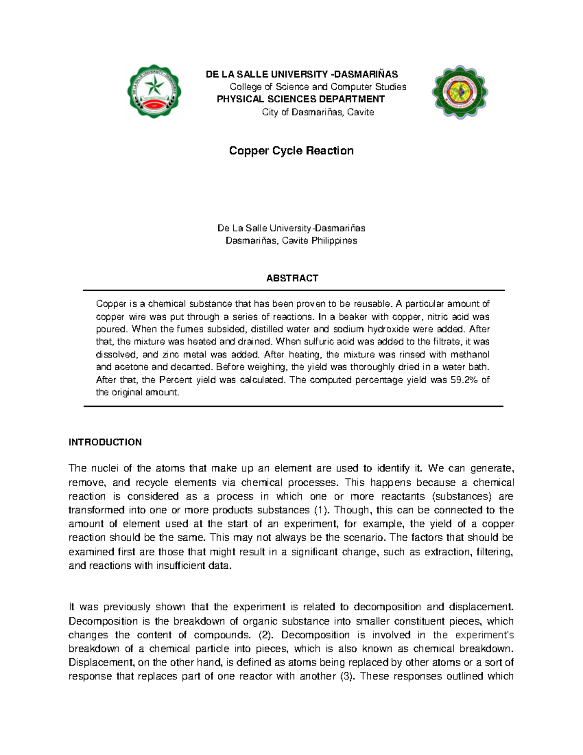 CHEM 101: Copper Cycle Reaction Lab Report - Studocu