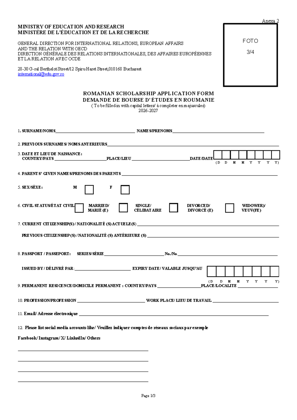 Romanian Scholarship Application Form 2026-2027 (Anexa 2) - Studocu