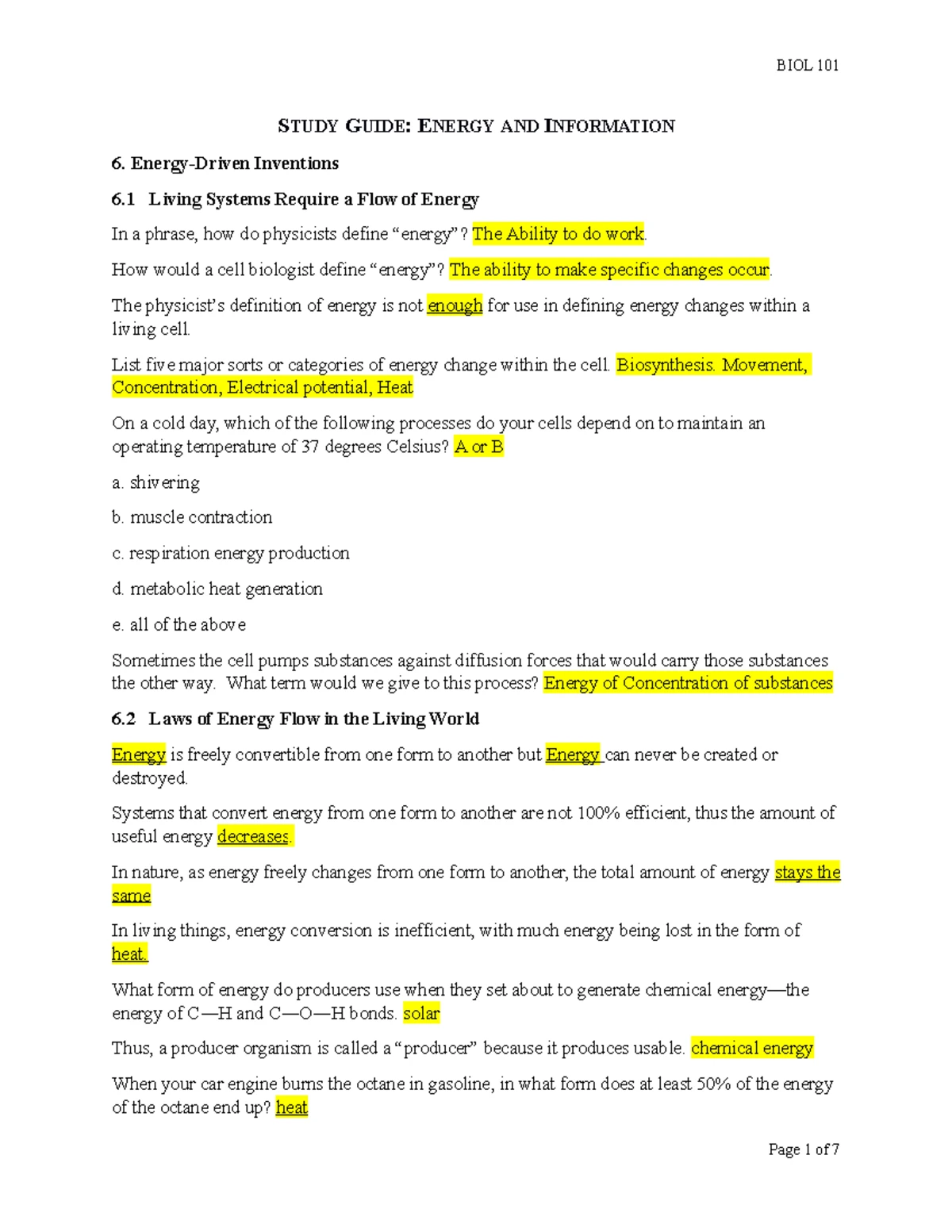 BIOL 101 Quiz 7 2019 - study guide - • Question 1 3 out of 3 points ...