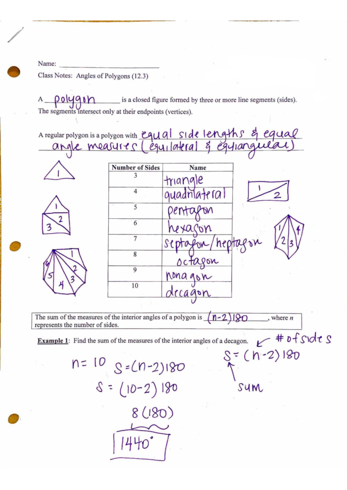 Class Notes: Angles of Polygons (MATH 12.3) - Key Concepts & Examples ...