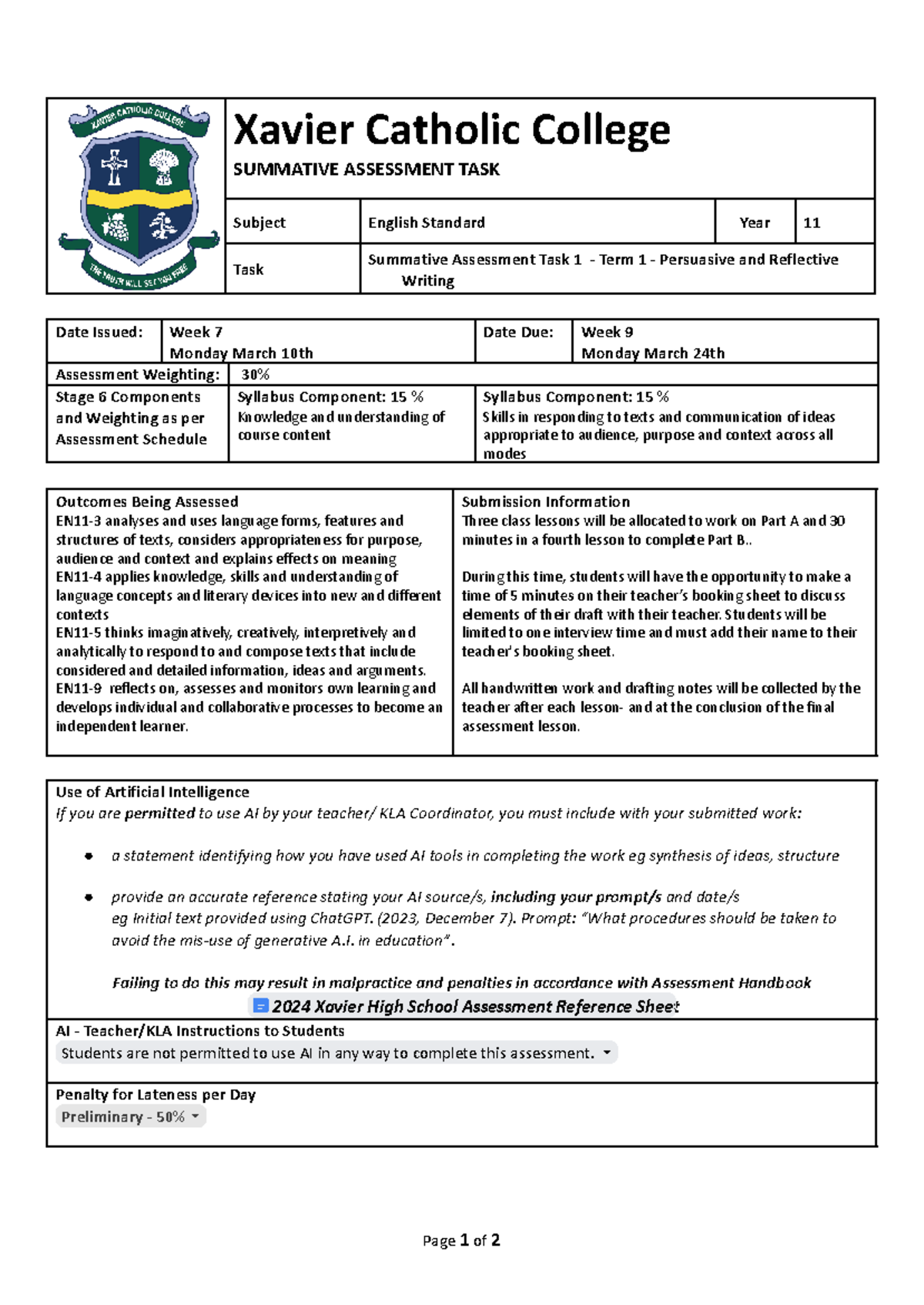 Year 11 English Standard SAT1: Persuasive & Reflective Writing Task ...