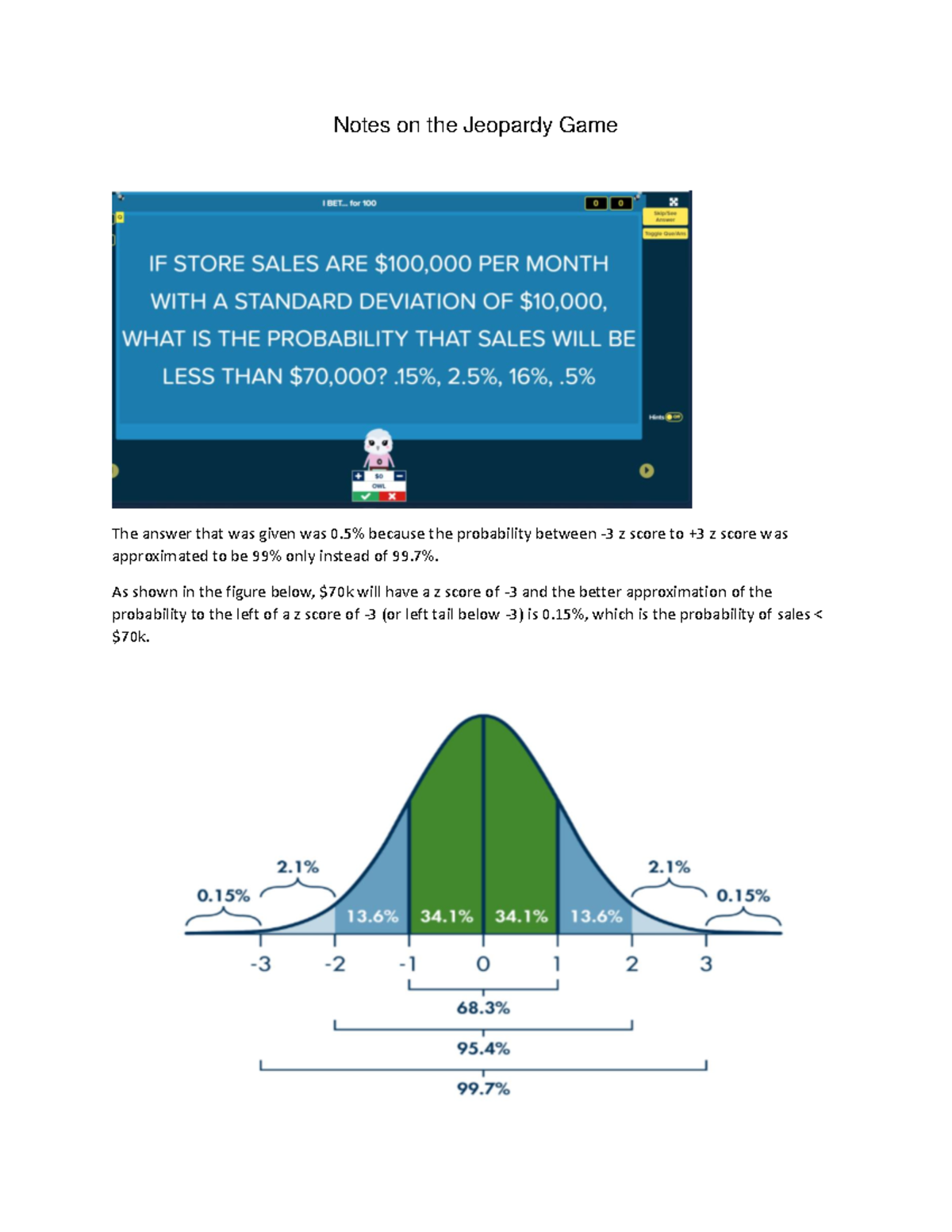 Jeopardy Game Notes: Understanding Z Scores and Probabilities - Studocu