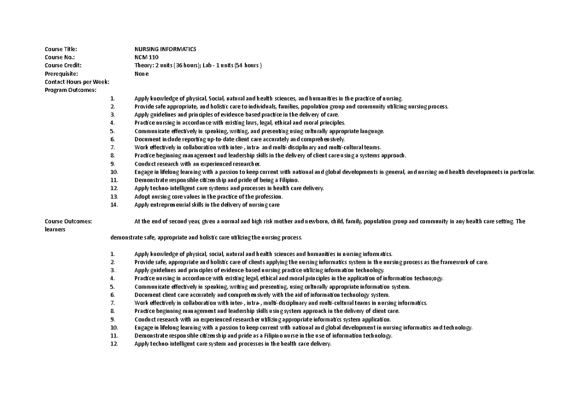 NCM-110 - Comprehensive Lecture Notes on Nursing Informatics - Studocu