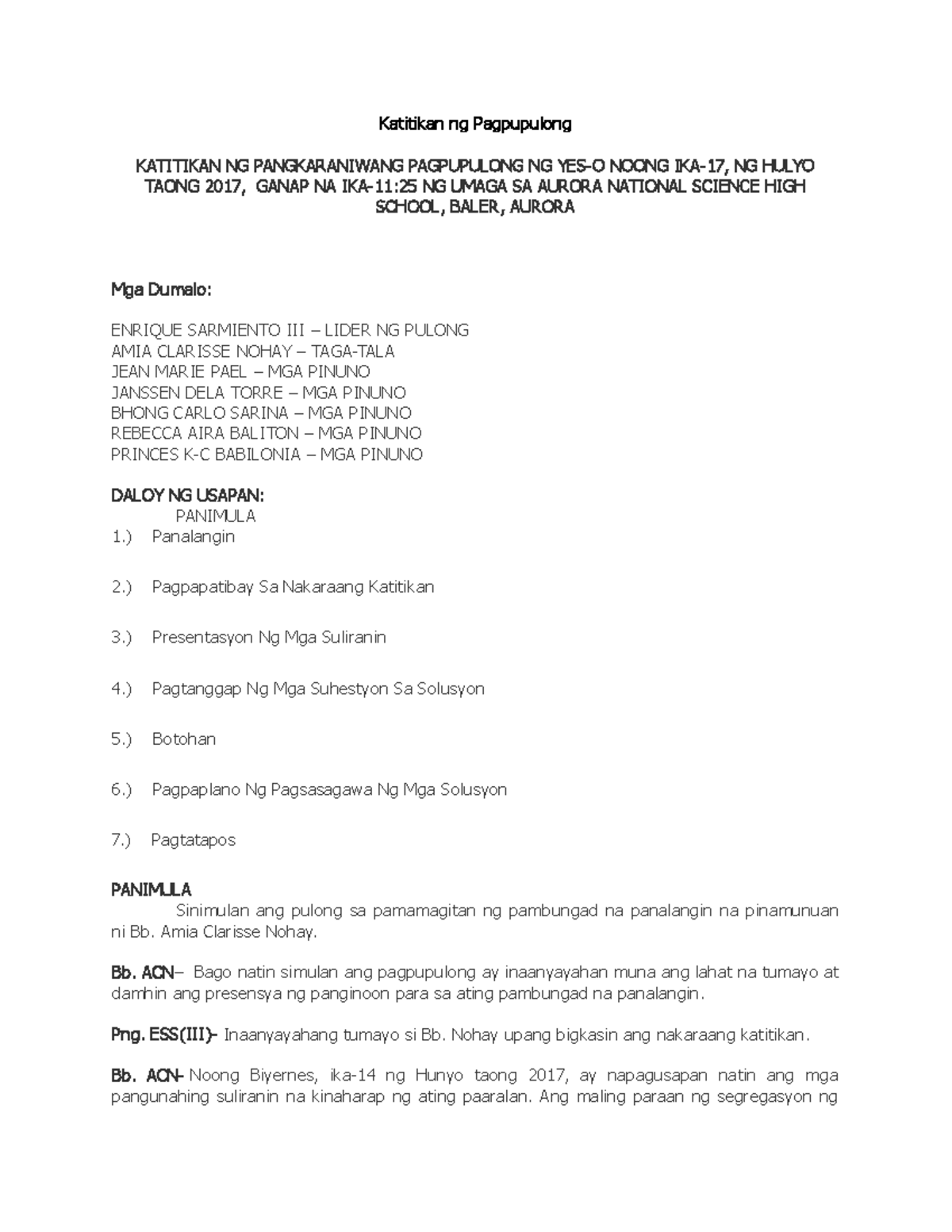 Katitikan ng Pagpupulong Halimbawa - Katitikan ng Pagpupulong KATITIKAN NG PANGKARANIWANG - Studocu