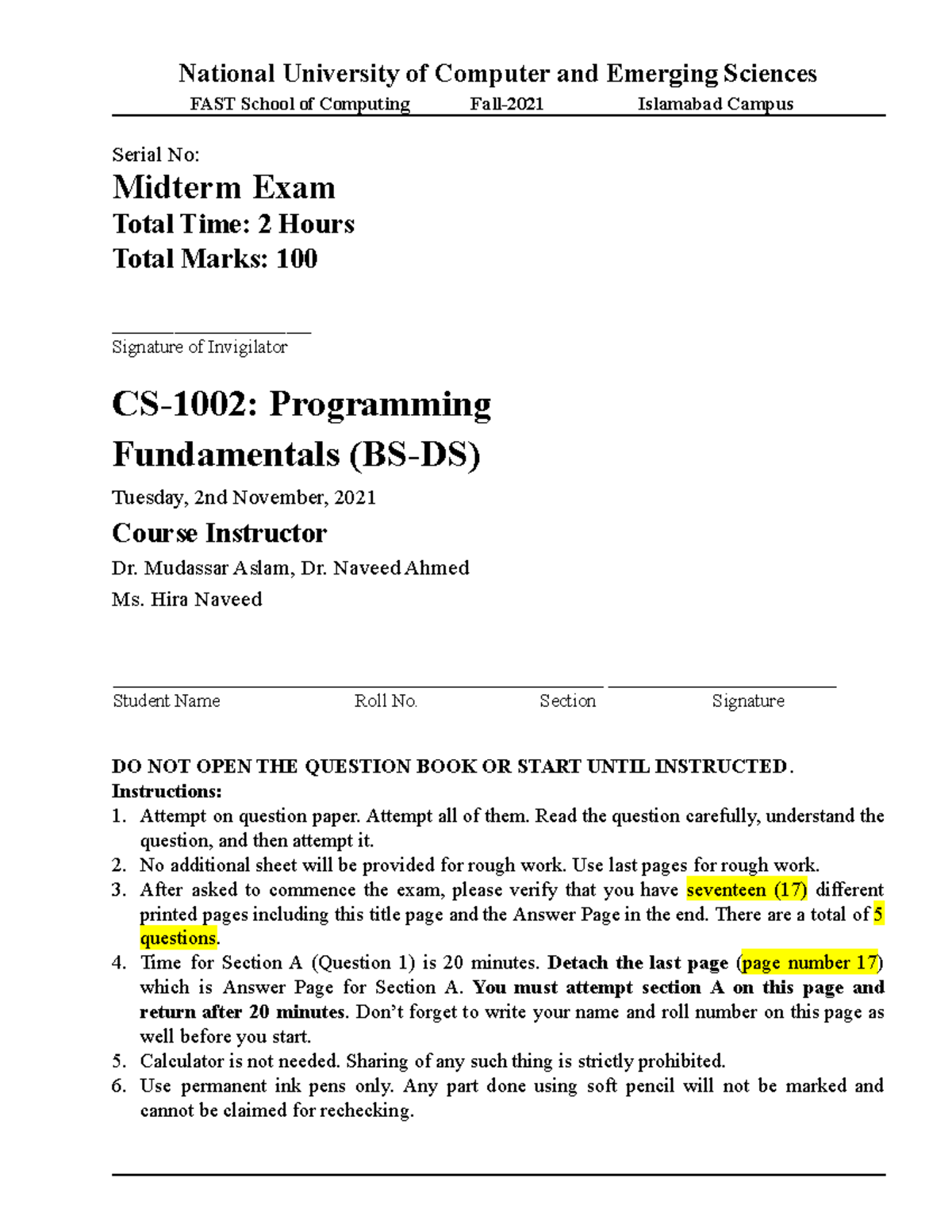 Midterm Exam Solutions for CS-1002: Programming Fundamentals - Studocu