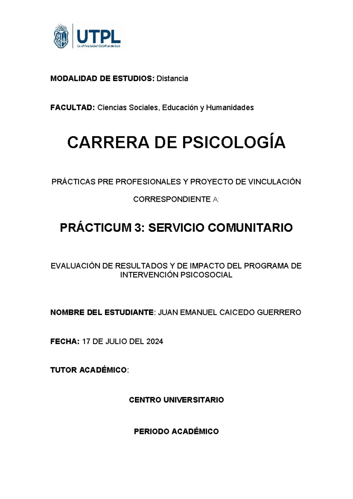 Informe De Resultados Prácticum 3 En Psicología Servicio Comunitario