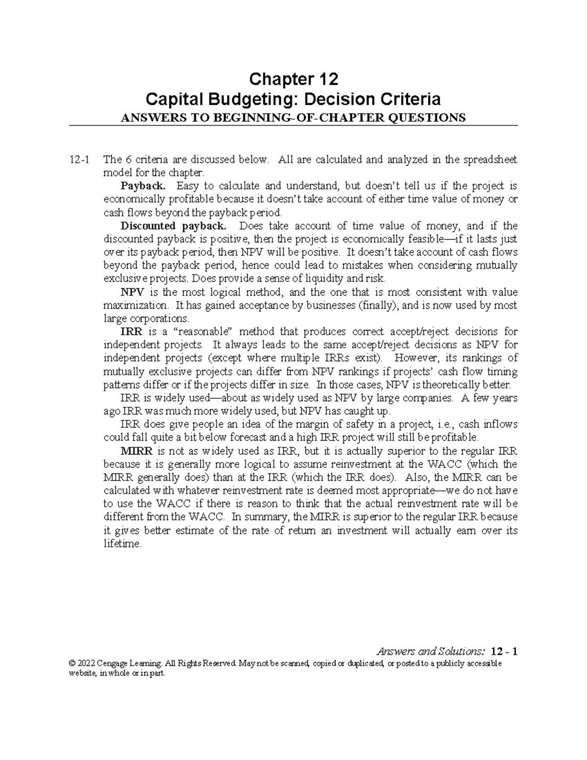 IFM14 Ch12 Solutions Manual - Chapter 12 Capital Budgeting: Decision ...