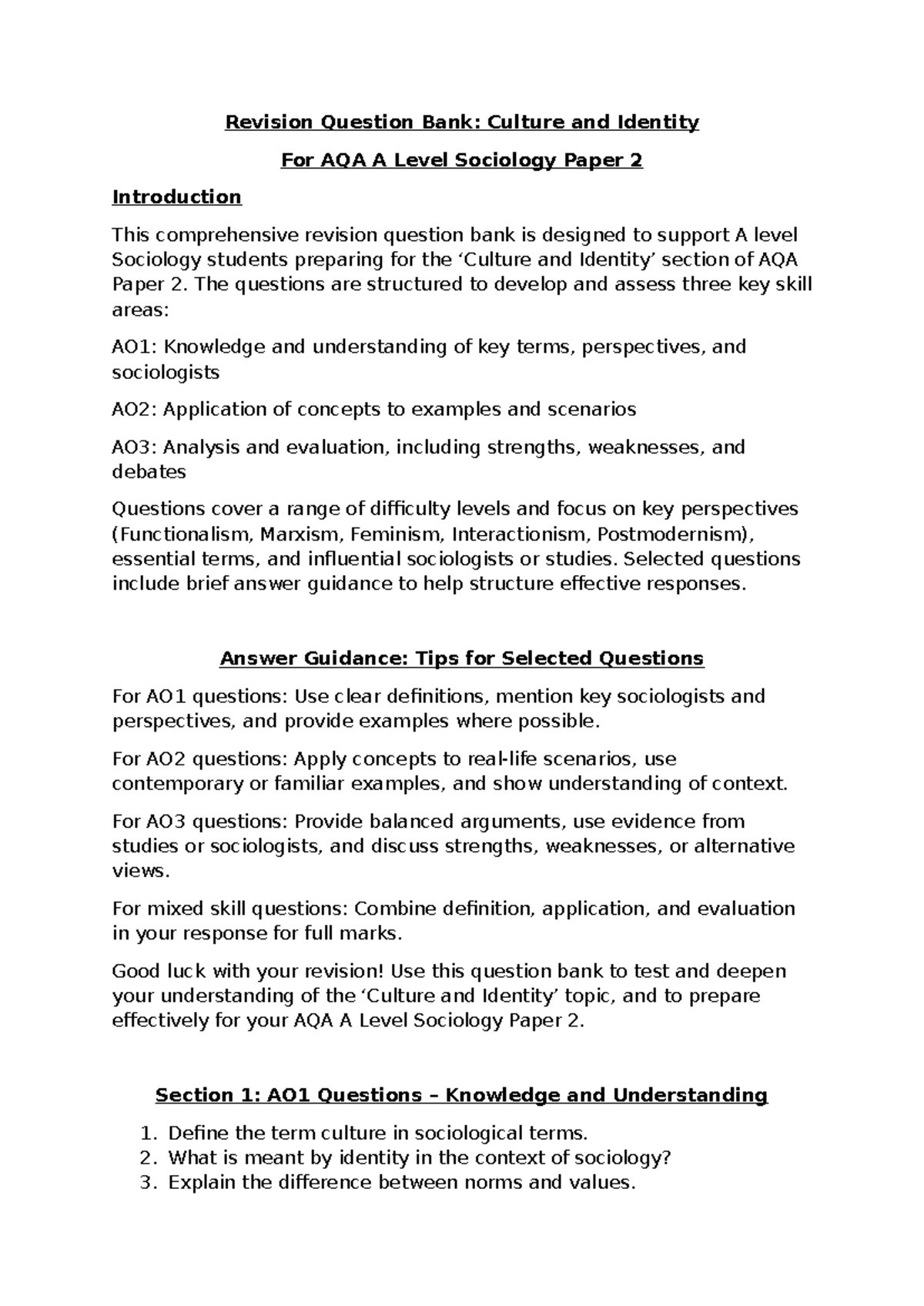 AQA A Level Sociology Paper 2: Culture & Identity Revision Q Bank - Studocu