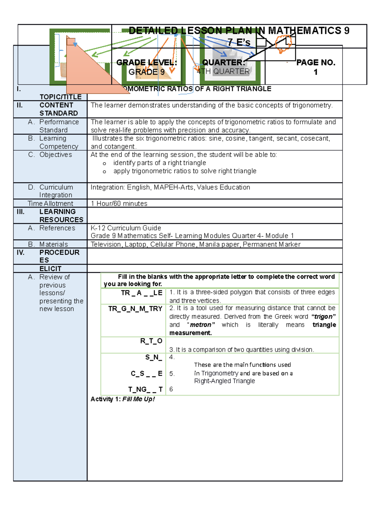 Trigonometric Ratios Lesson Plan (Grade 9) for Math Curriculum 4th ...