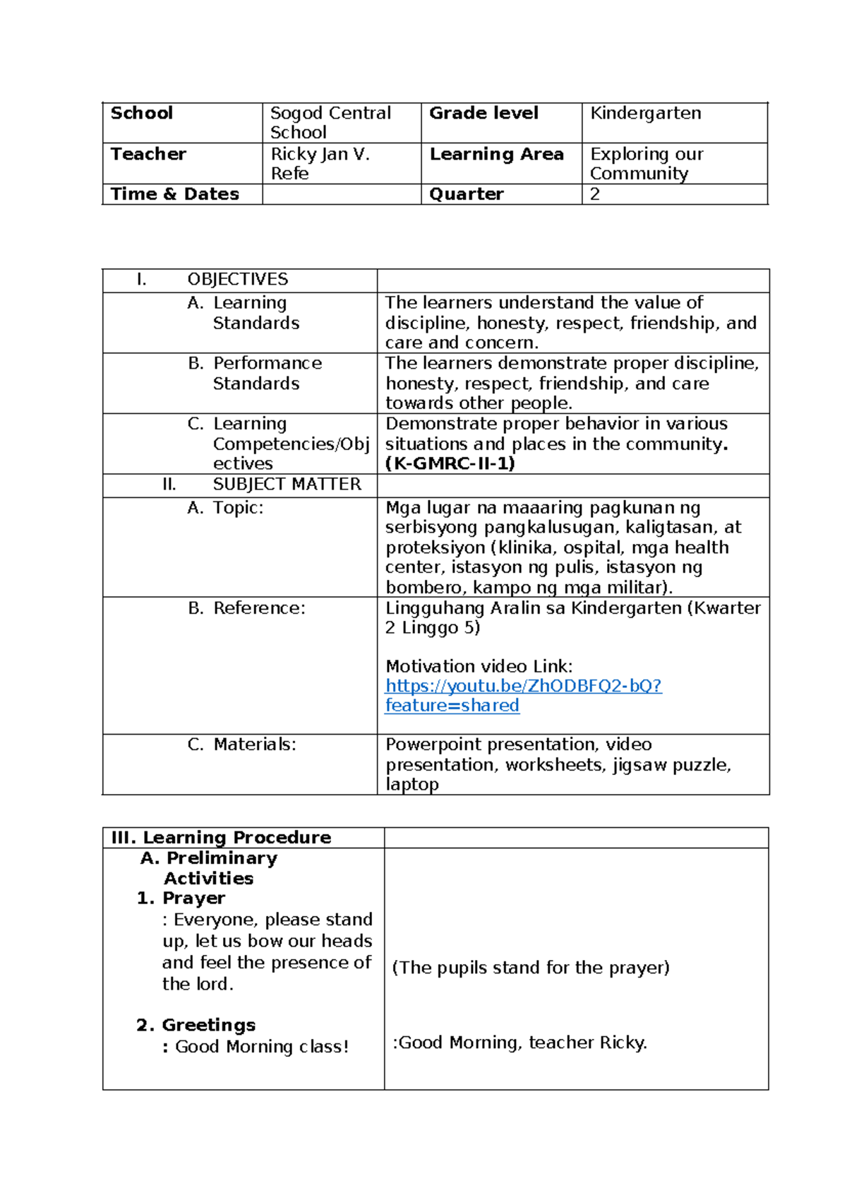 Detailed Lesson Plan for Kindergarten: Exploring Our Community - Studocu
