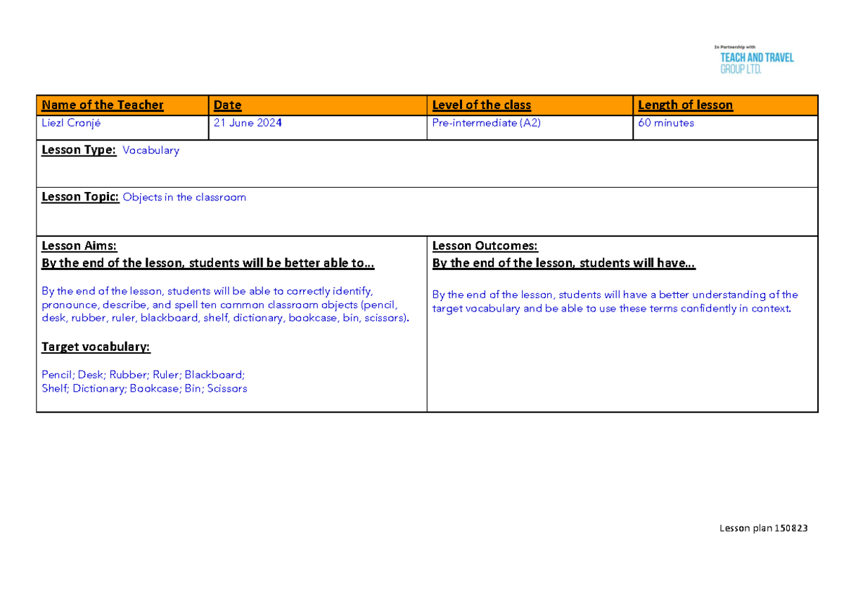 TEFL L5 - Vocabulary Lesson Plan: Classroom Objects for A2 Students ...