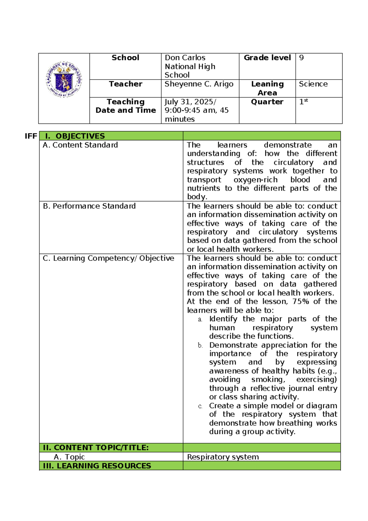 7E Lesson Plan: Understanding the Respiratory System in Grade 9 Science ...