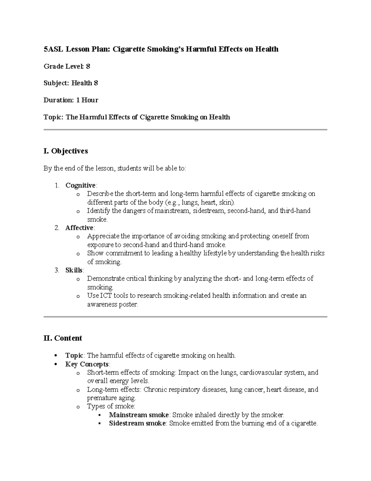 5ASL Lesson Plan: Understanding Cigarette Health Risks for Grade 8 ...