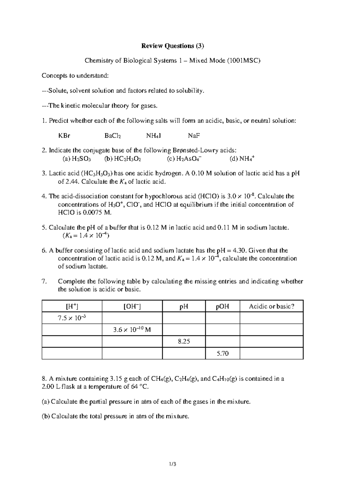 Chemistry 1001MSC Review Questions for Final Exam Prep - Studocu