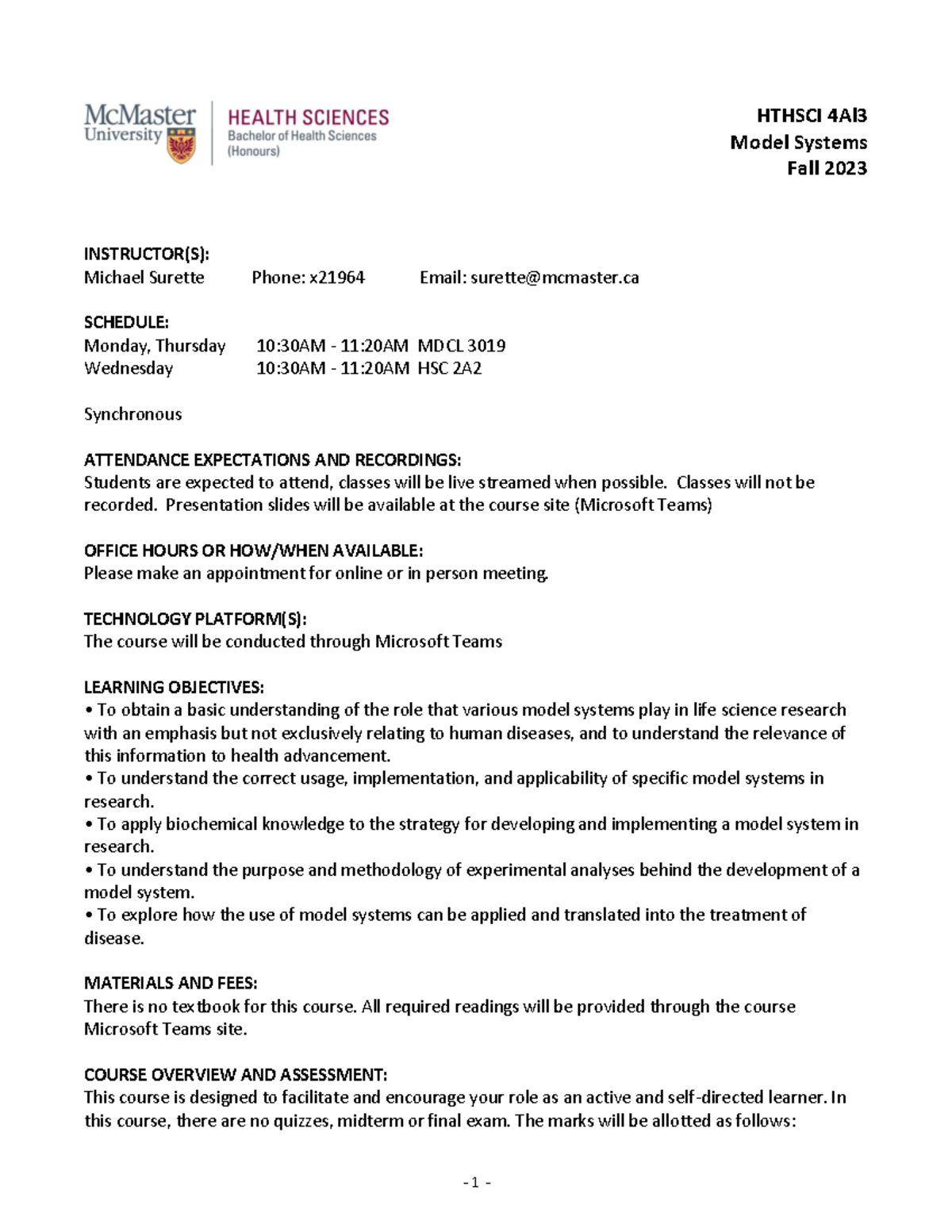 HTHSCI 4AL3 Model Systems Course Overview and Assessment Fall 2023 ...