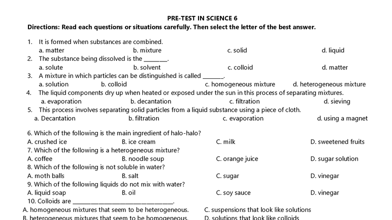 Pre-Test: Science Grade 6 (651754719) - Multiple Choice Questions - Studocu