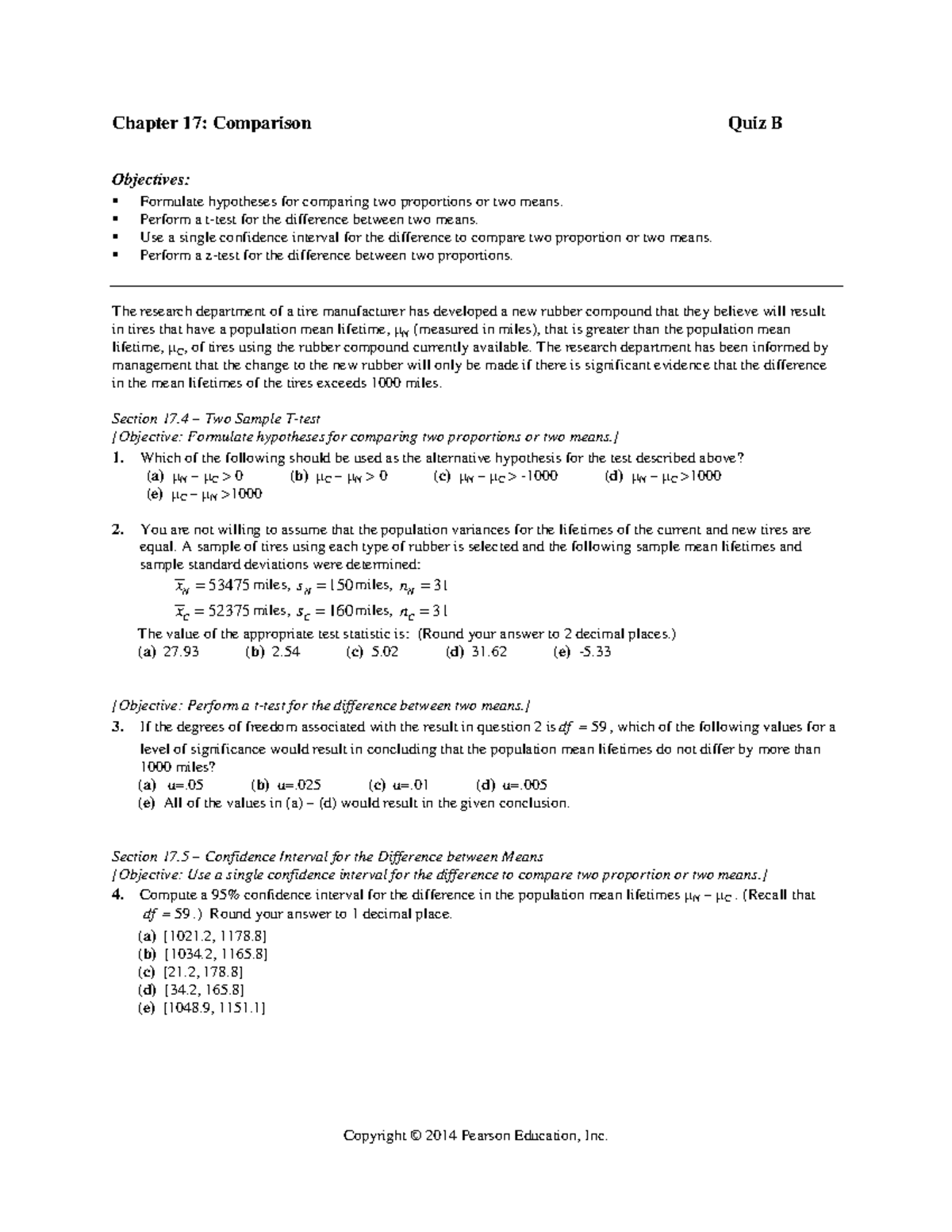 Chapter 17 Quiz B: Comparing Means & Proportions Practice Questions ...