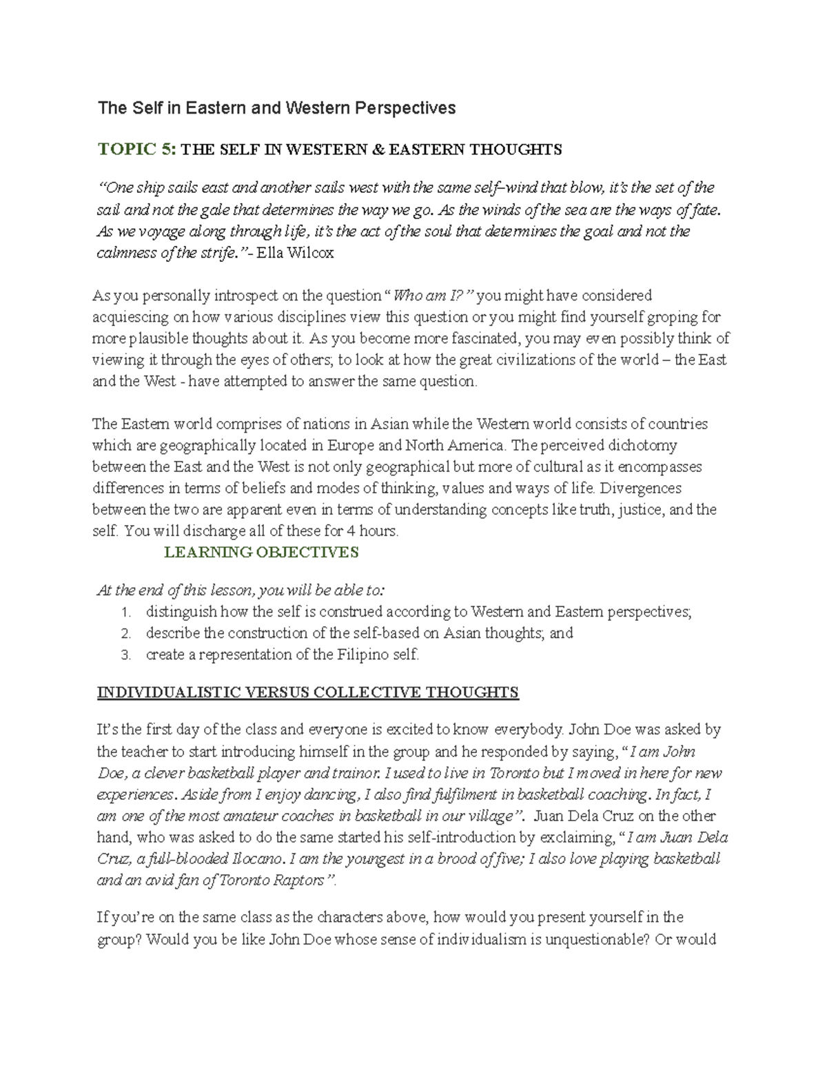 The Self in Eastern and Western Perspectives: A Comparative Study - Studocu