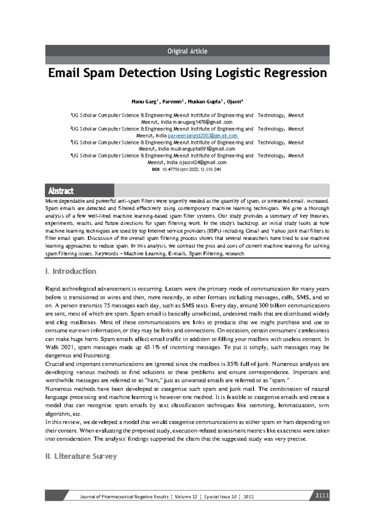 Email Spam Detection Using Logistic Regression: JPNR S10 245 Analysis ...