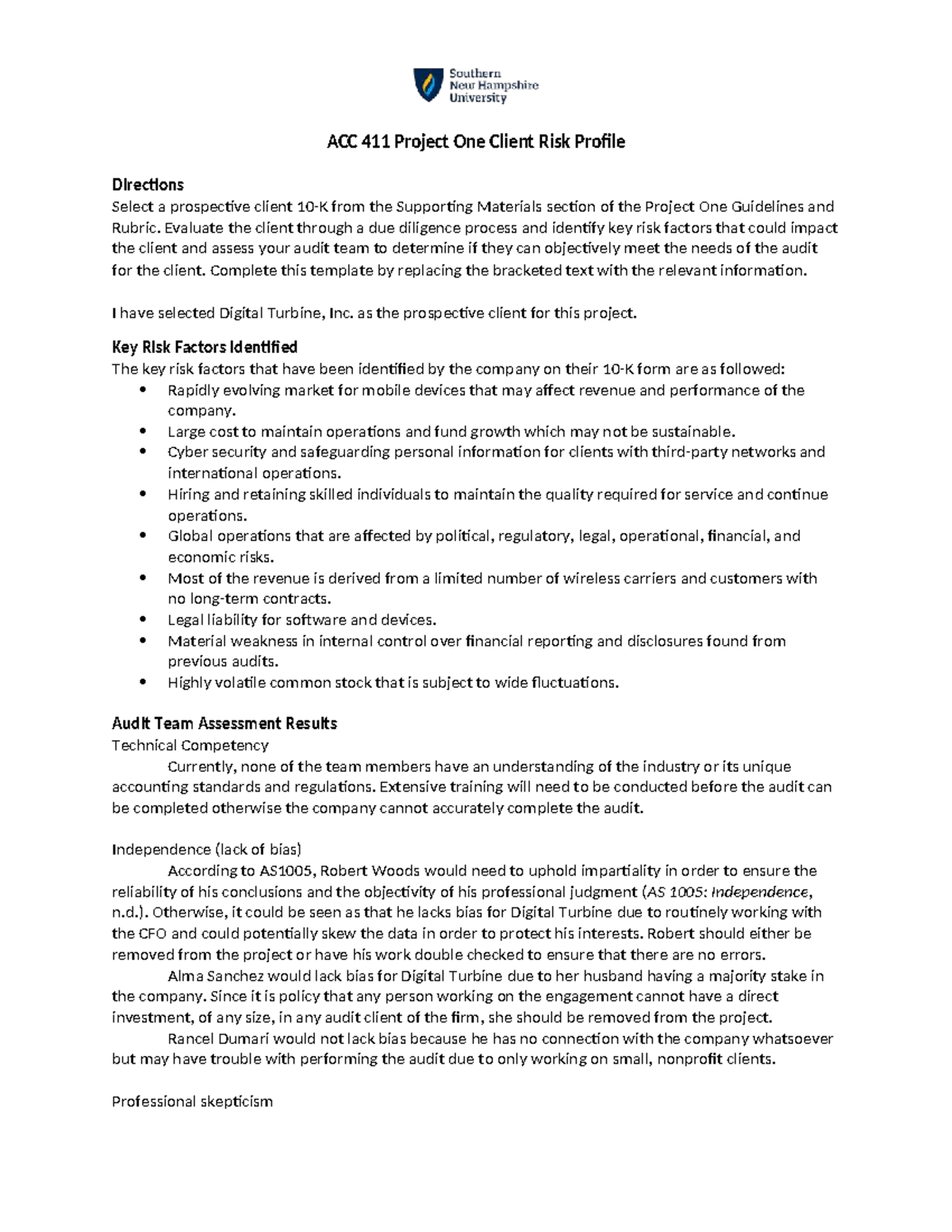 ACC 411 Project One: Client Risk Profile for Digital Turbine, Inc ...