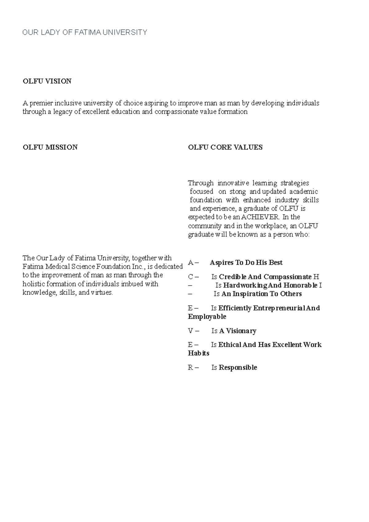 OLFU Vision, Mission, and CORE Values Overview Document - Studocu