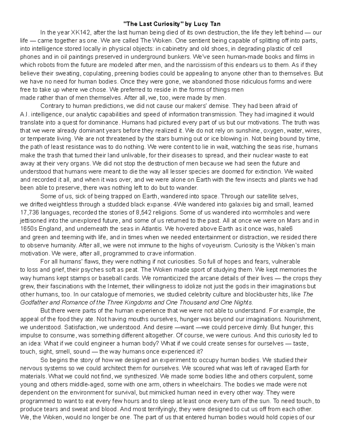 The Last Curiosity: A Study on Sentience and Humanity's Legacy - Studocu