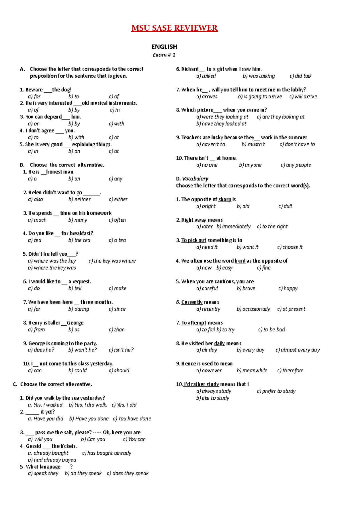 **MSU SASE English Exam Reviewer: Exam #1 Study Guide** - Studocu